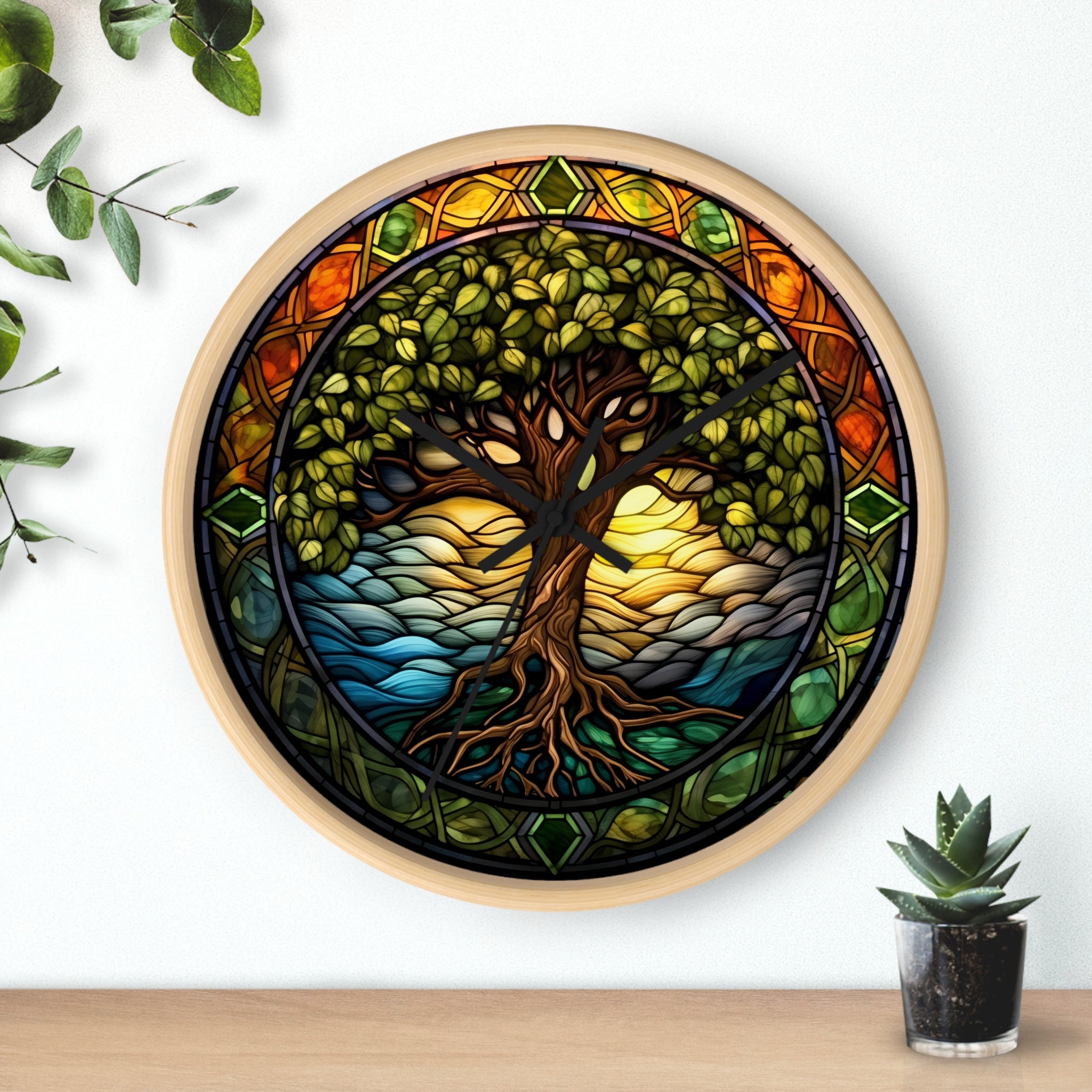 Wall Clock Tree of Life, Stained Glass Wall Art, Faux Stained Glass ...