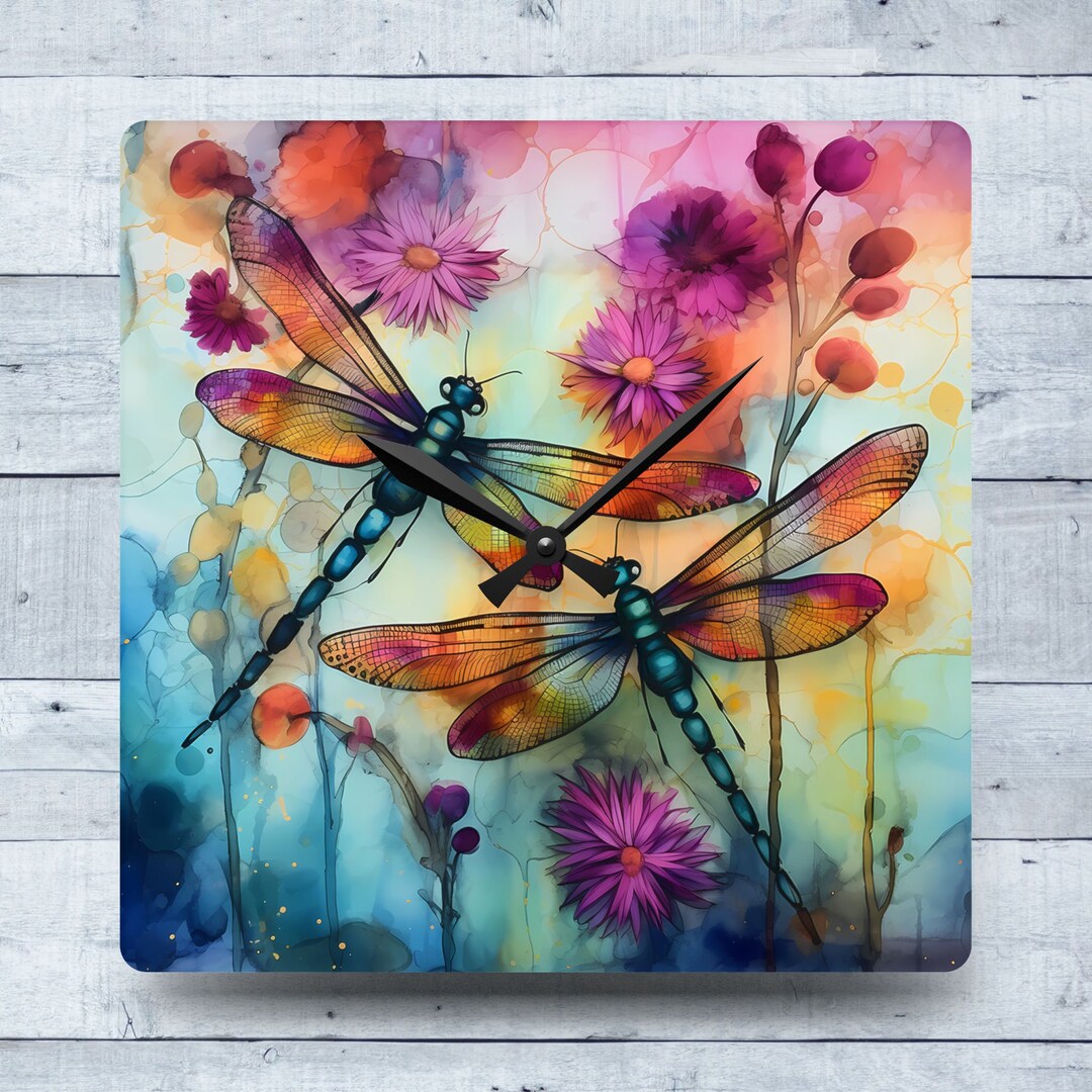 Dragonfly Clock, Square or Round Wall Clock, Colorful Wall Clock ...
