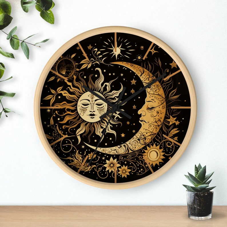 Wooden Wall Clock, Black & Wood Wall Clock, Celestial Design Clock ...