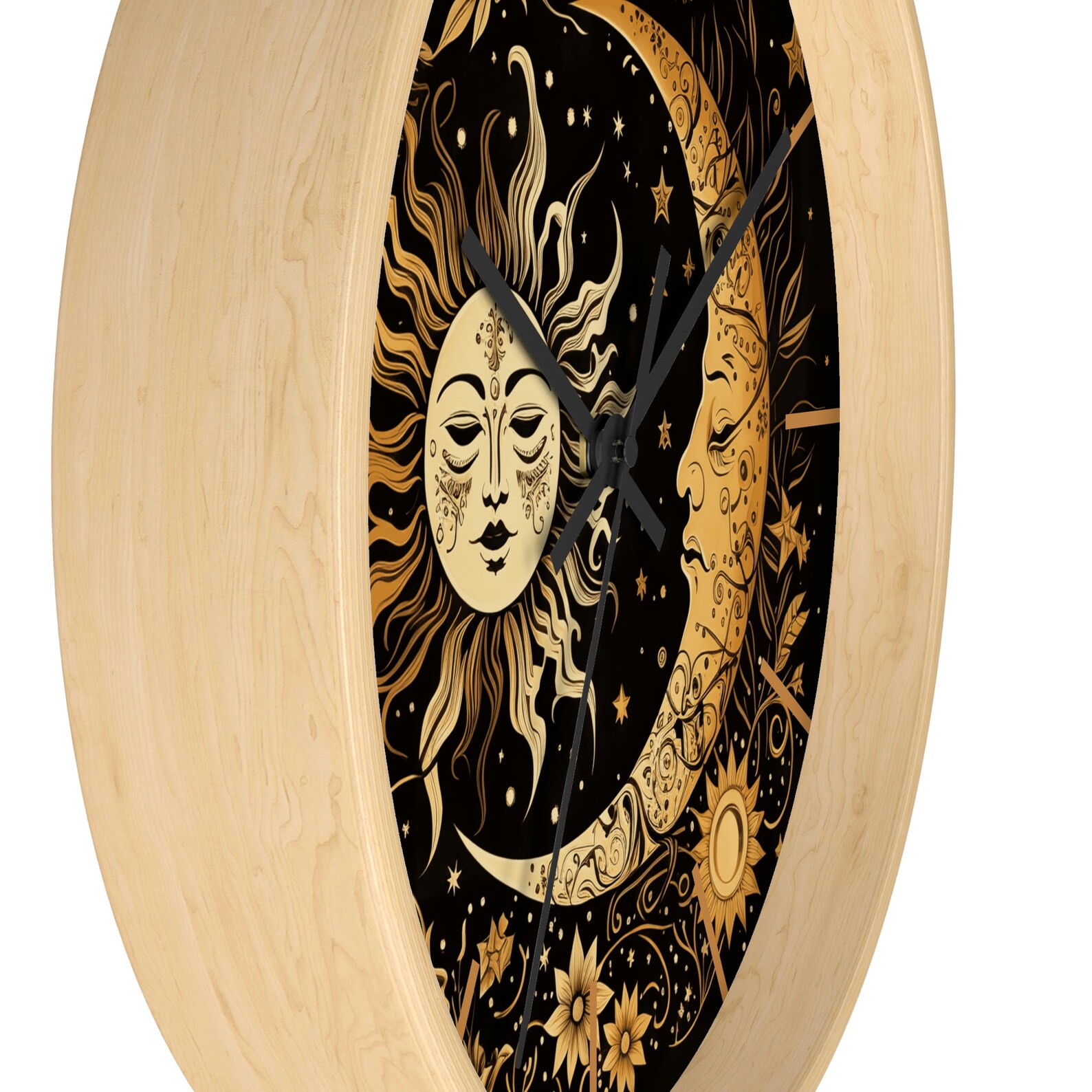 Wooden Wall Clock, Black & Wood Wall Clock, Celestial Design Clock ...