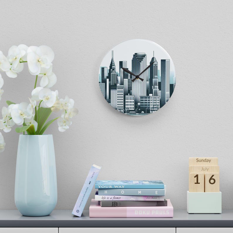 City Skyline Wall Clock, Gradient Skyline Office Clock, Square & Round ...