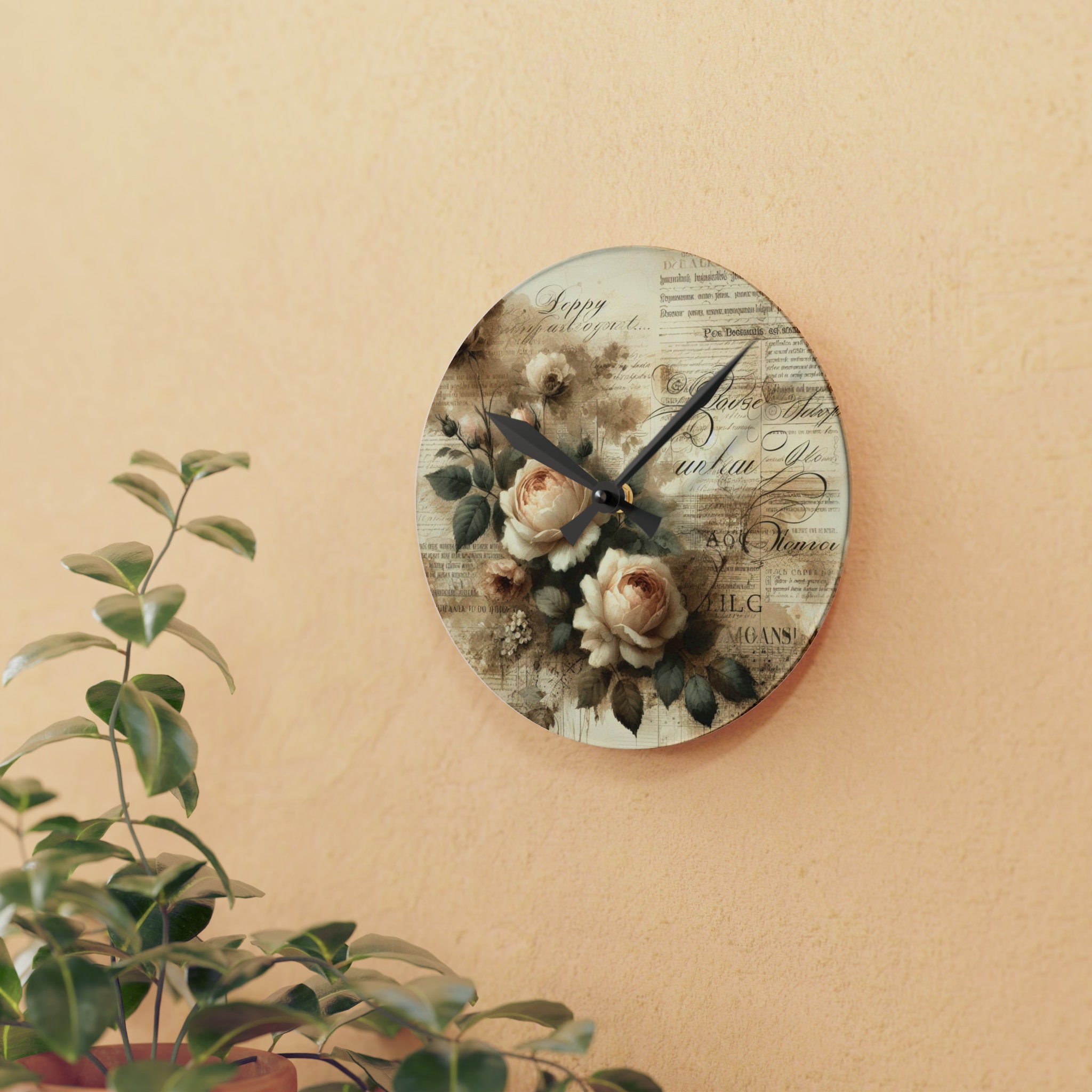 Shabby Chic Wall Clock, Floral Clock, Vintage Botanical Clock, Silent ...