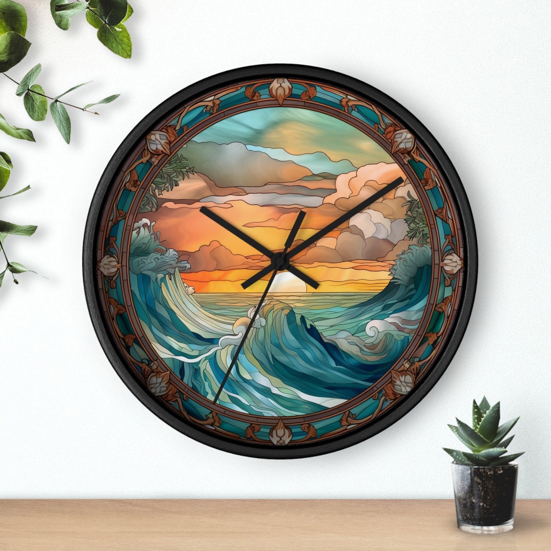 Wooden Wall Clock, Ocean Beaxh Home Decor, Faux Ocean Stained Glass ...