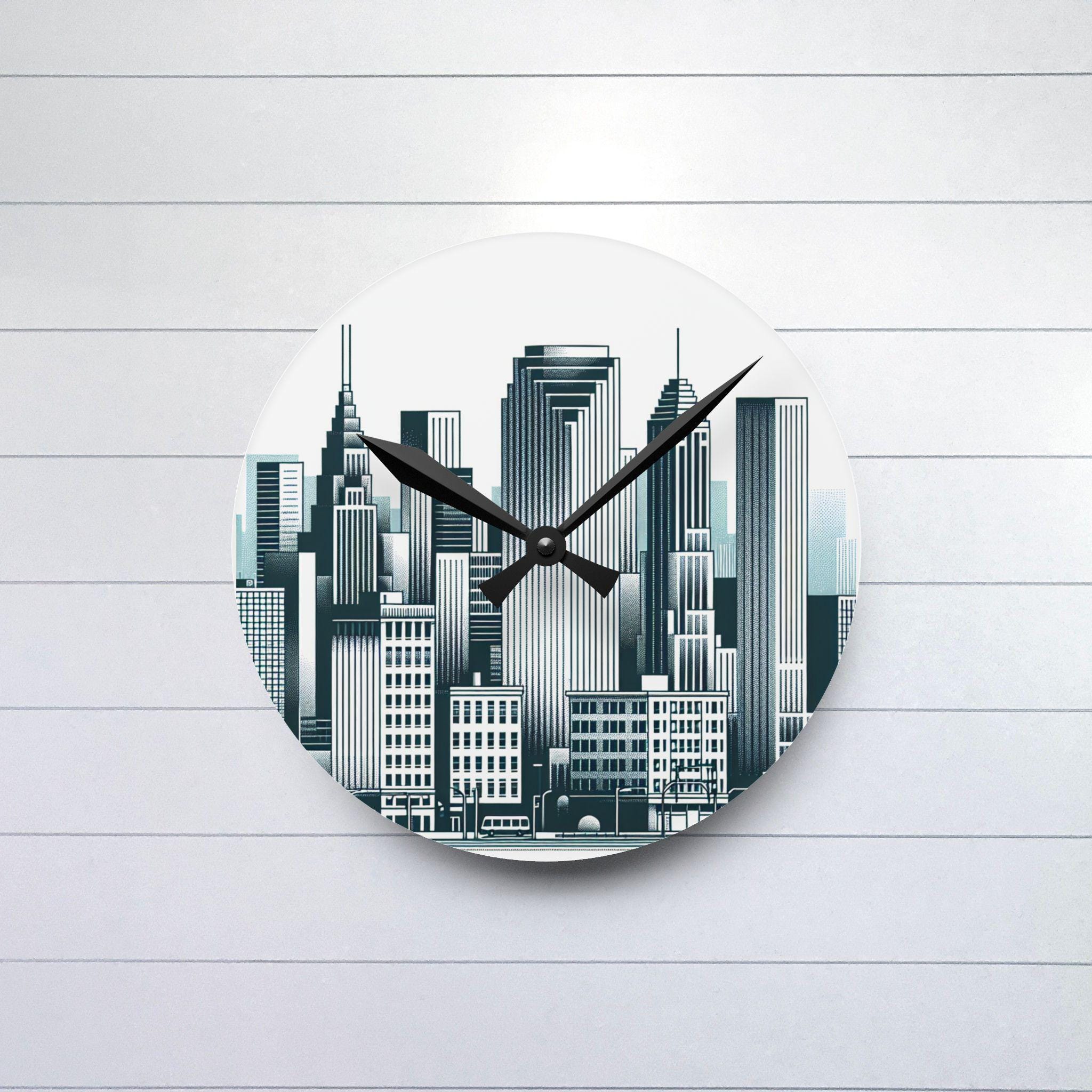 City Skyline Wall Clock, Gradient Skyline Office Clock, Square & Round ...