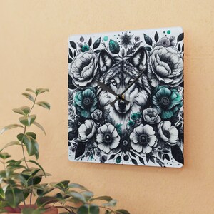 Unique Wolf Wall Clock, Turquoise Floral Grey Wolf Art, Wildlife ...