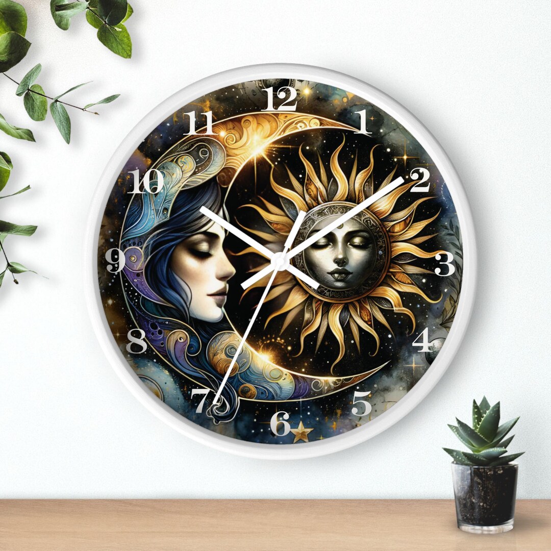 Celestial Wooden Clock, Sun and Stars Wall Clock, Sun & Moon Decor ...