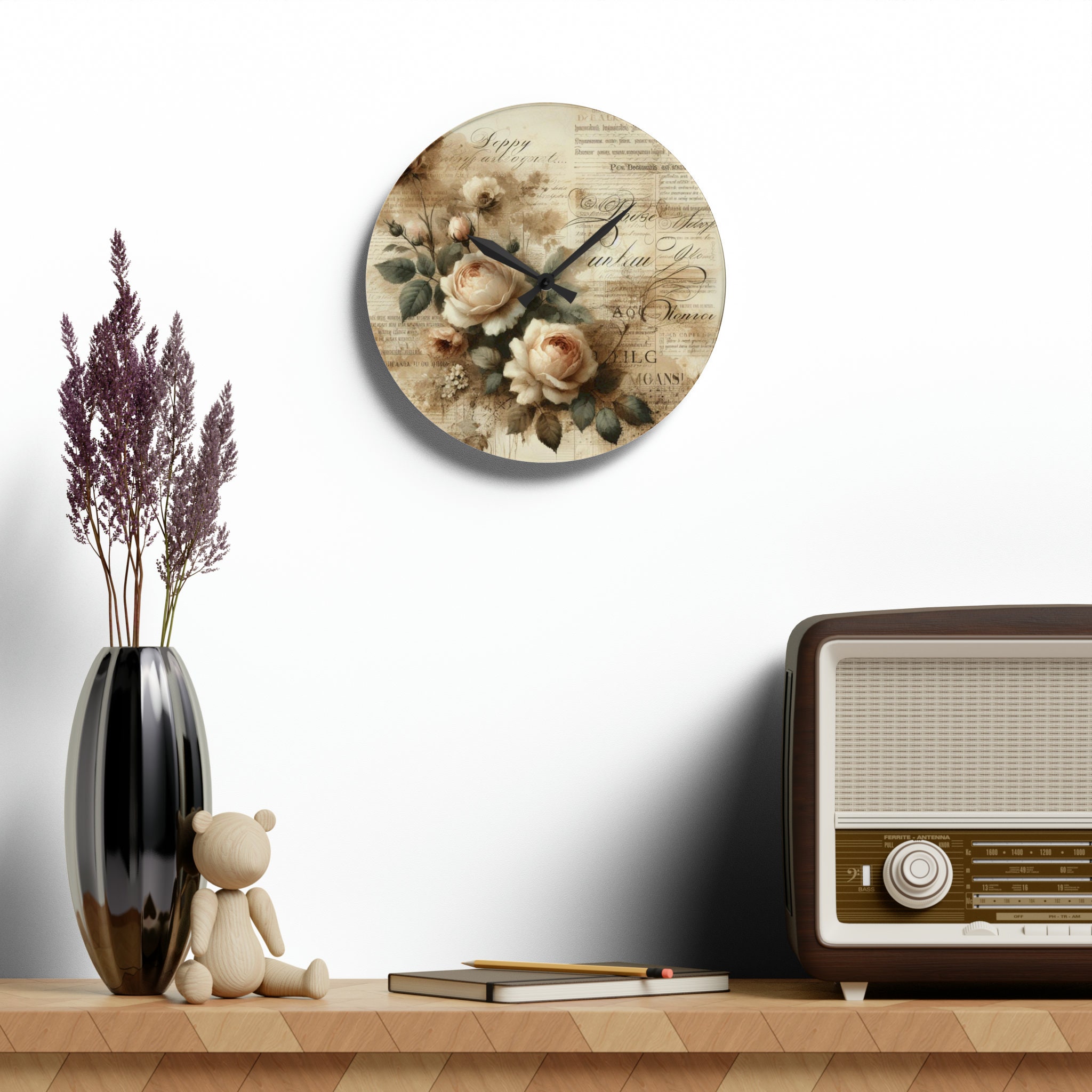 Shabby Chic Wall Clock, Floral Clock, Vintage Botanical Clock, Silent ...