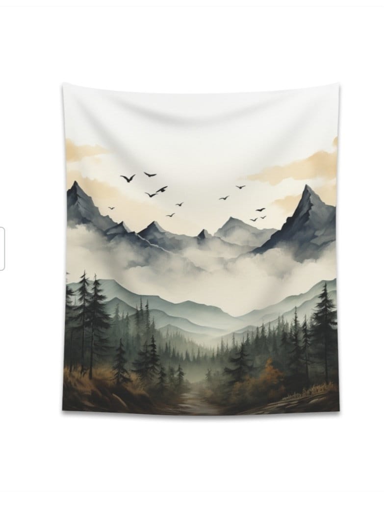 Misty Mountain Tapestry,forest Mist Decor, Watercolor Green Forest ...