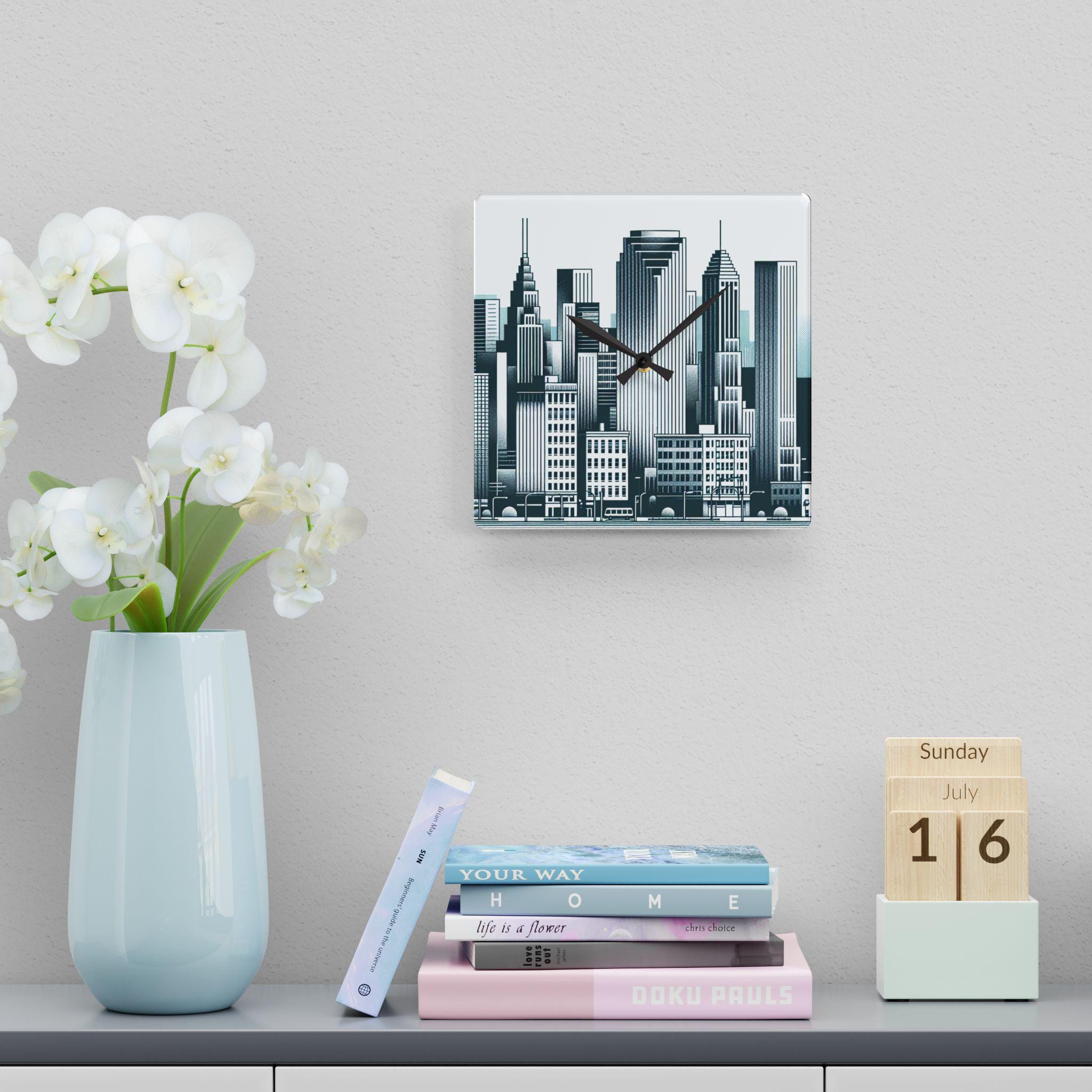 City Skyline Wall Clock, Gradient Skyline Office Clock, Square & Round ...