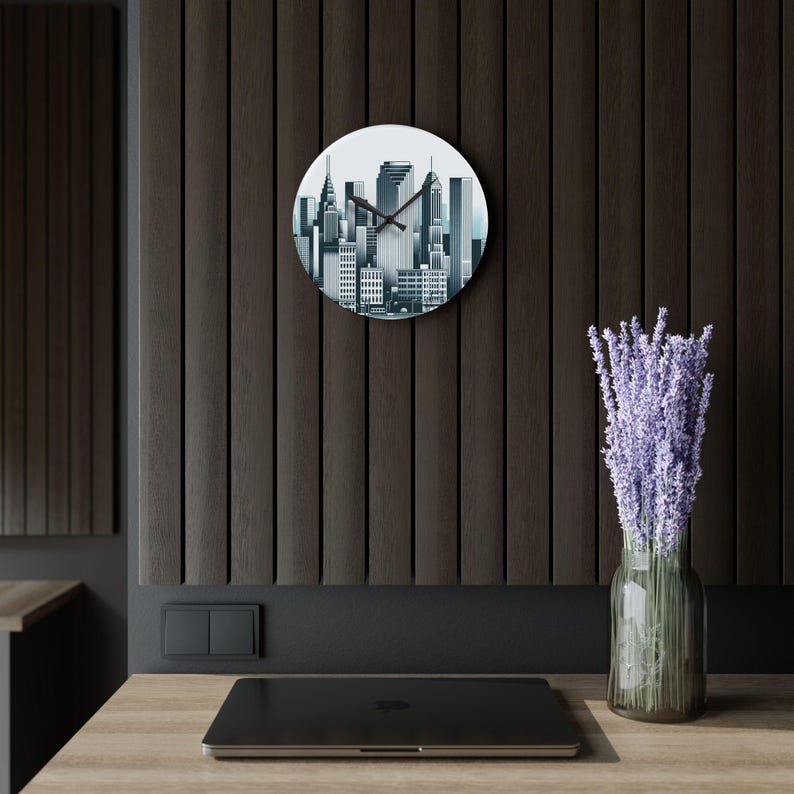 City Skyline Wall Clock, Gradient Skyline Office Clock, Square & Round ...