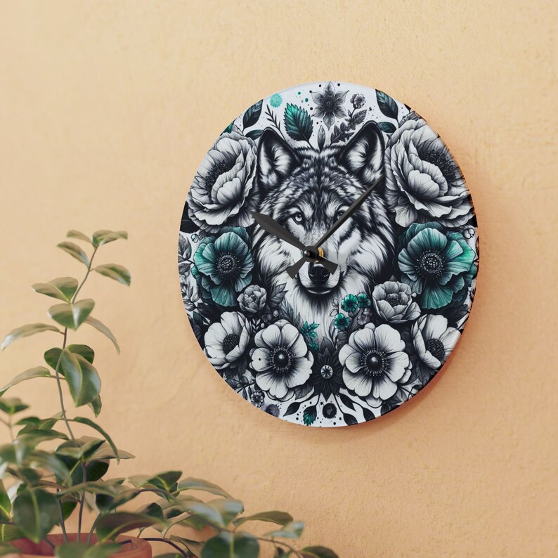 Unique Wolf Wall Clock, Turquoise Floral Grey Wolf Art, Wildlife ...