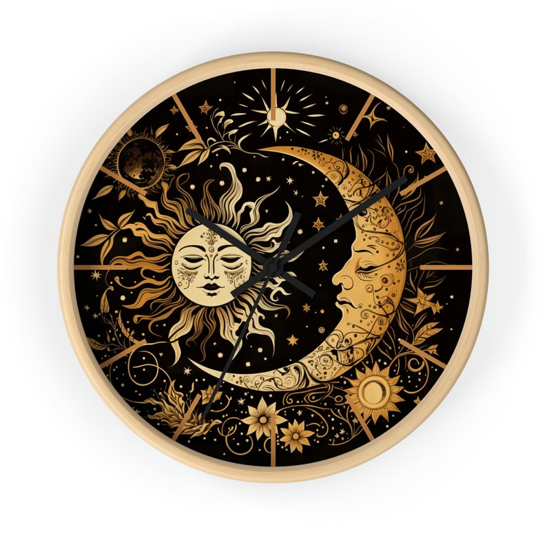 Wooden Wall Clock, Black & Wood Wall Clock, Celestial Design Clock ...