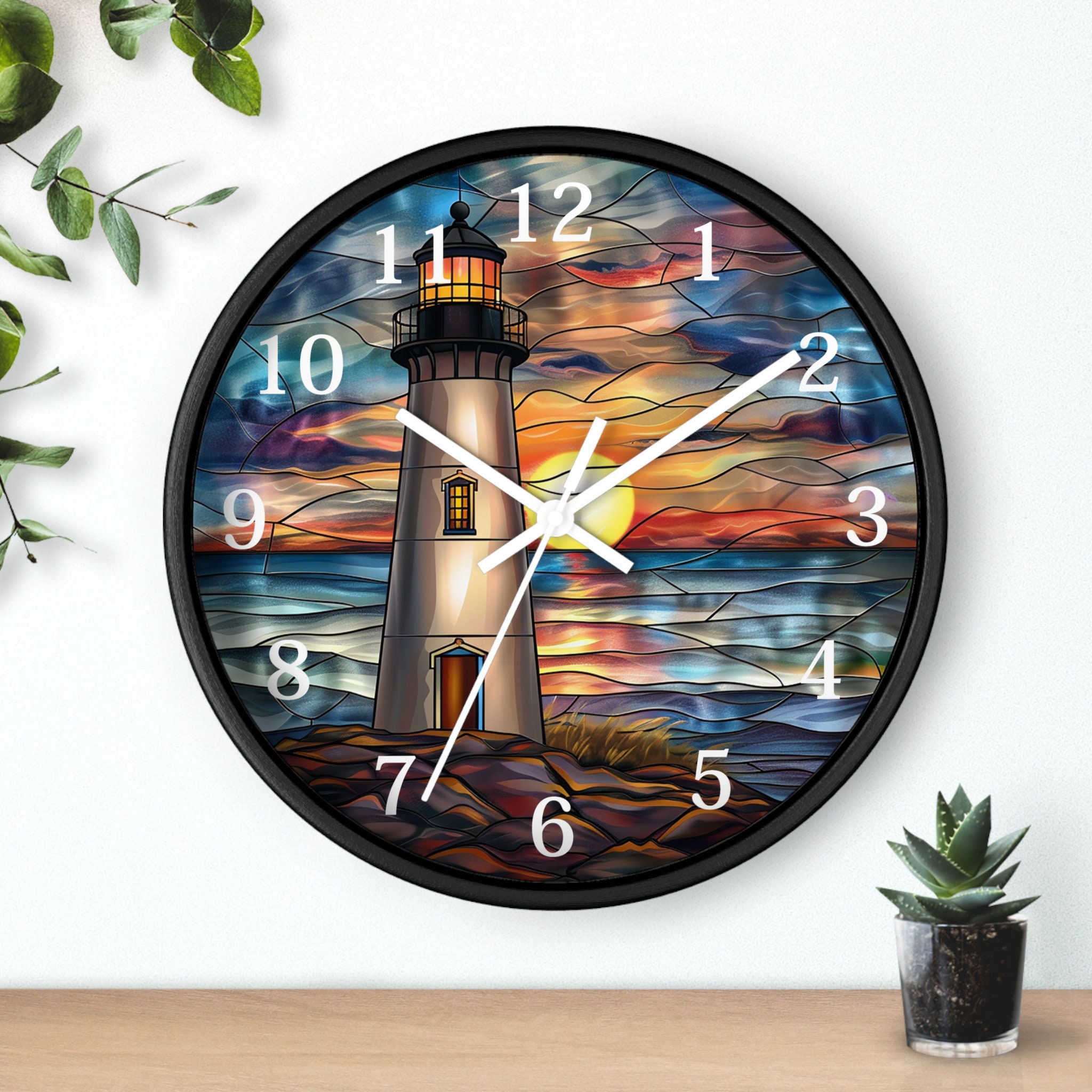 Lighthouse Wall Clocks, Faux Stained Glass Clocks, Ocean Stained Glass ...