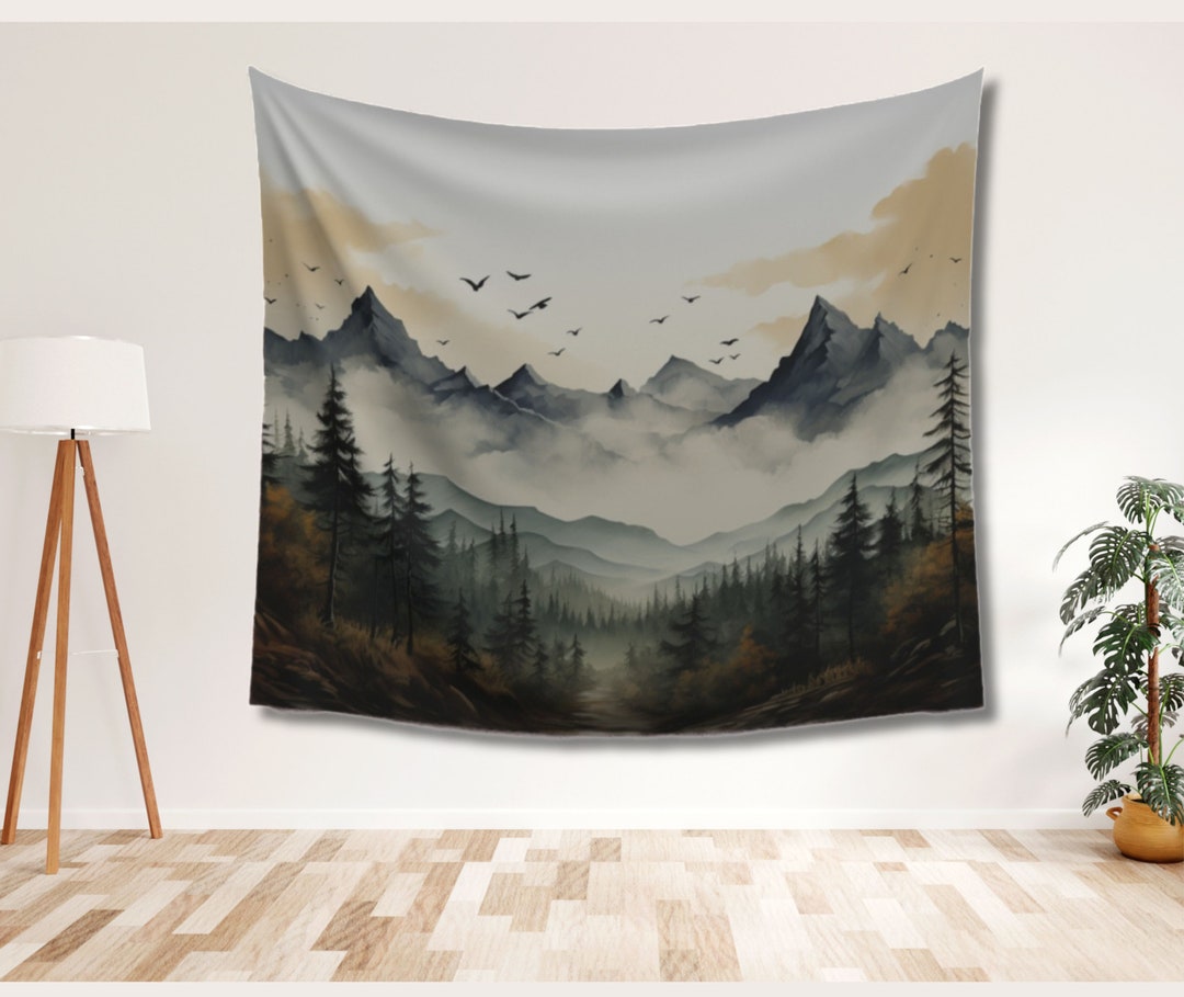 Misty Mountain Tapestry,forest Mist Decor, Watercolor Green Forest ...
