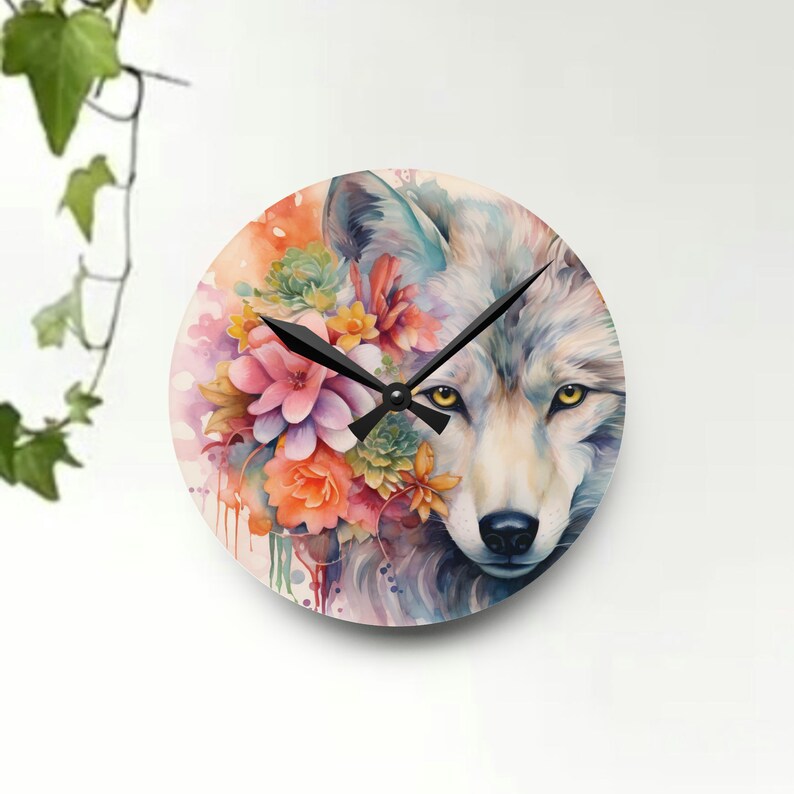 Unique Wall Clock, Floral Wolf Art, Watercolor Wolf, Wolf Clock, Silent ...