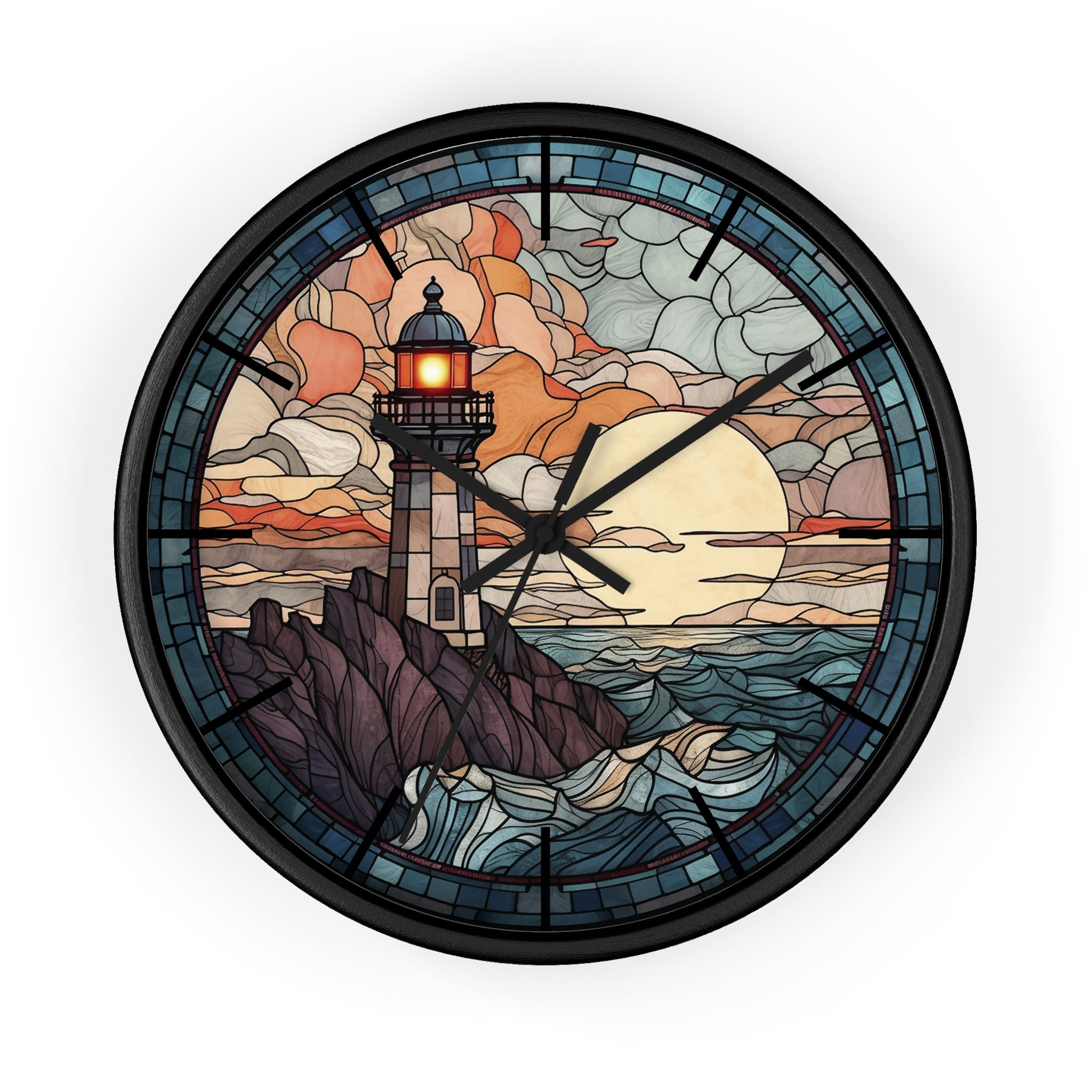 Wooden Wall Clock, Lighthouse Wall Clock, Stained Glass Art, Ocean ...