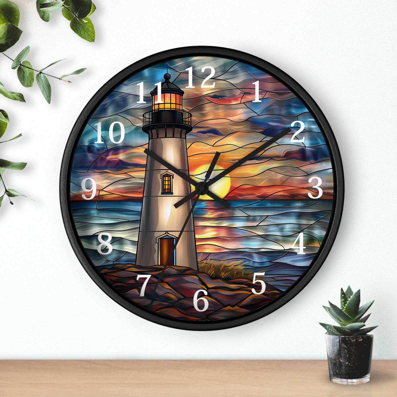 Lighthouse Wall Clocks, Faux Stained Glass Clocks, Ocean Stained Glass ...
