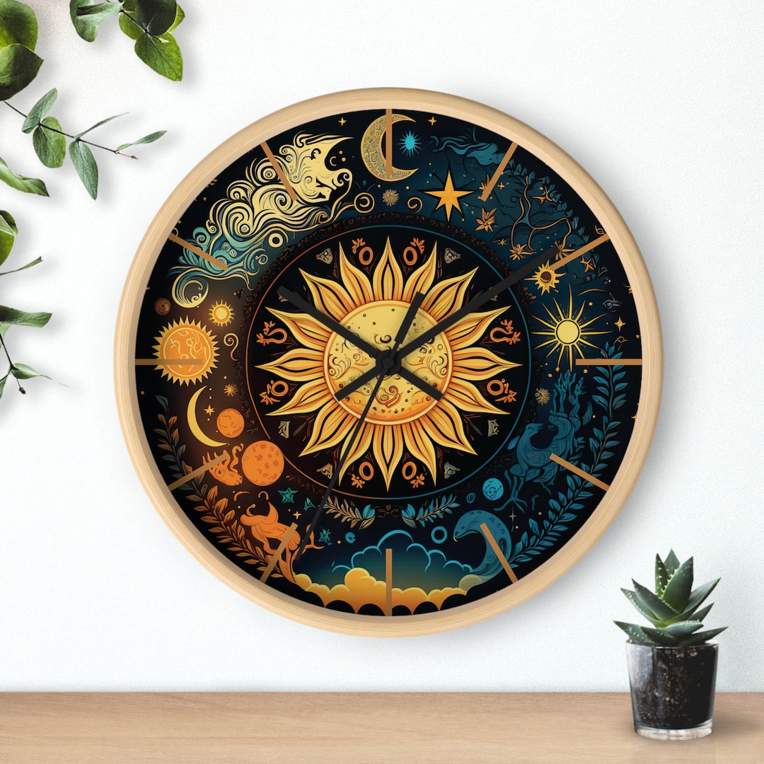 Celestial Wall Clock Whimsical Celestial Wooden Wall Clock | Sun & Moon ...