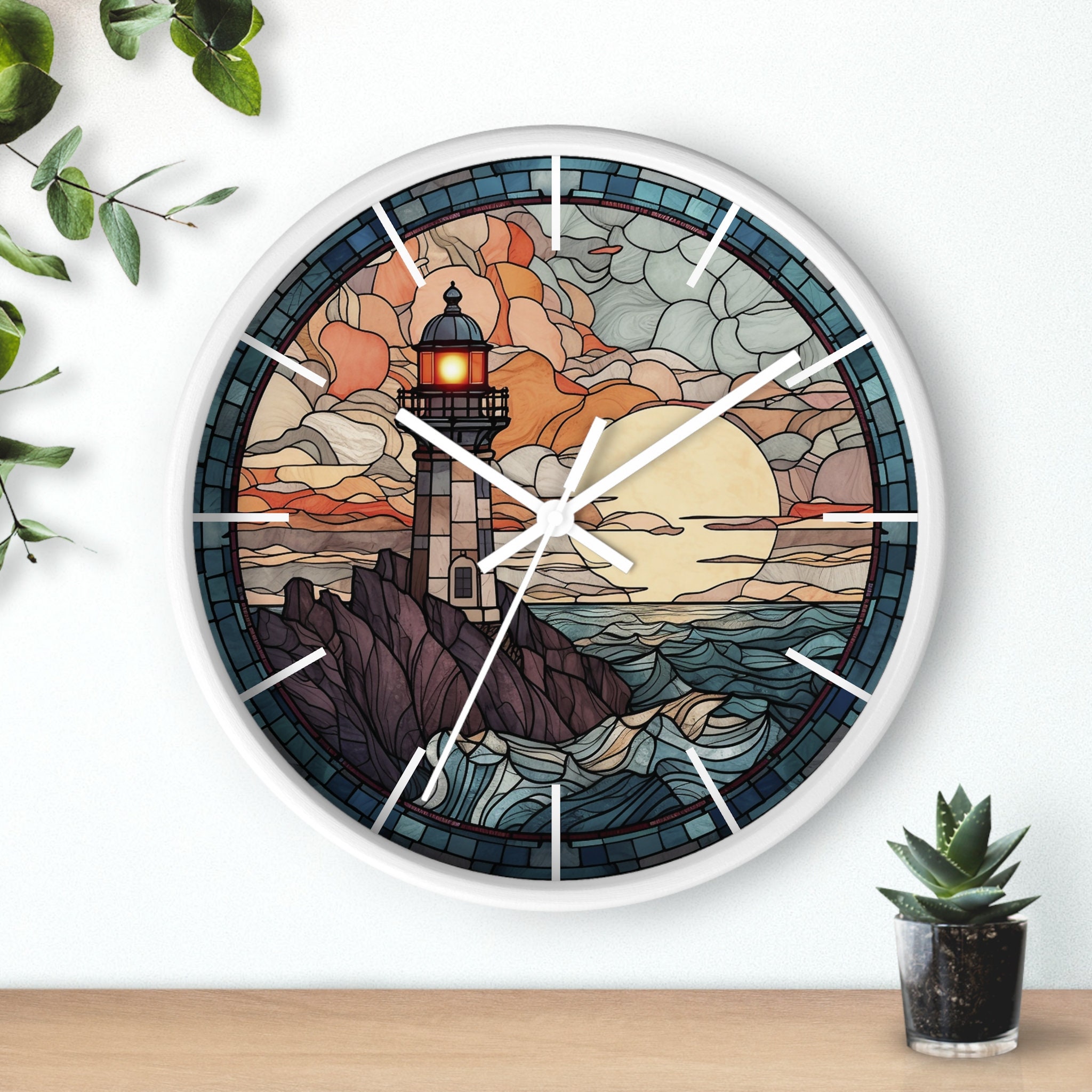 Wooden Wall Clock, Lighthouse Wall Clock, Stained Glass Art, Ocean Sunset Art, Lighthouse Wooden ...