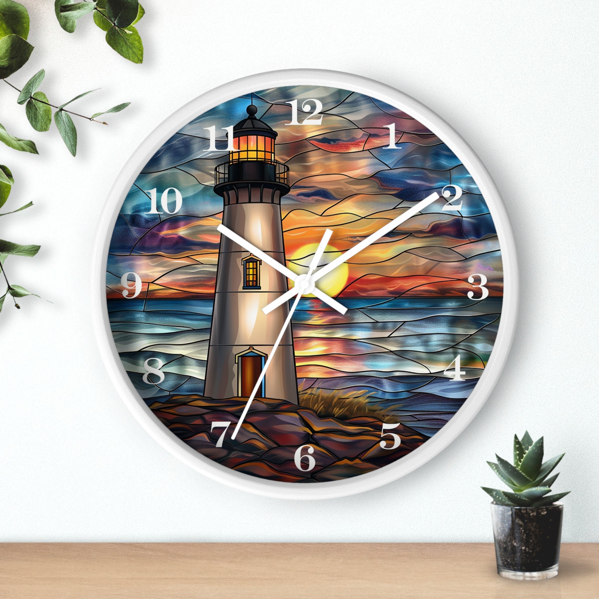 Lighthouse Wall Clocks, Faux Stained Glass Clocks, Ocean Stained Glass ...