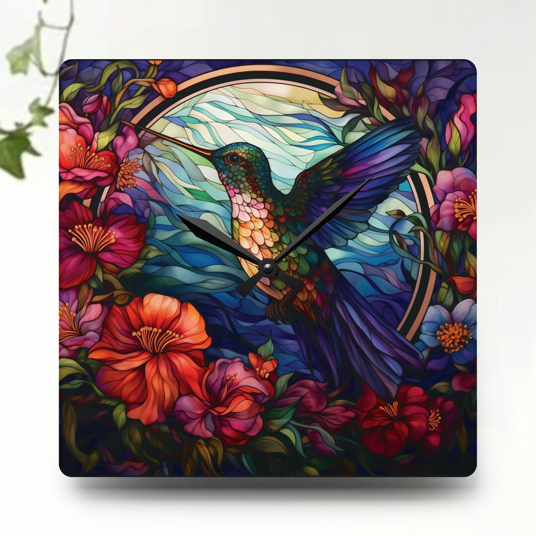 Humming Bird Home Decor, Humming Bird Stained Glass Clock, Faux Stained ...