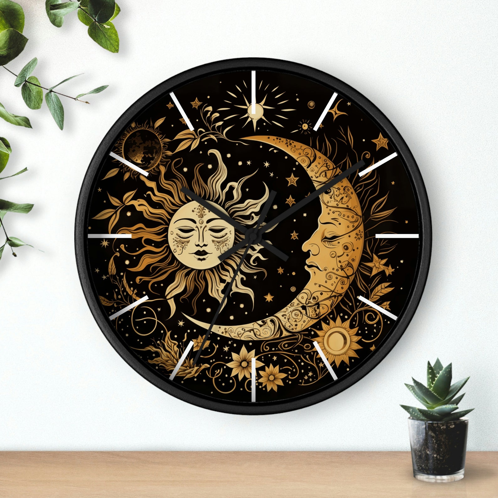 Wooden Wall Clock, Black & Wood Wall Clock, Celestial Design Clock ...