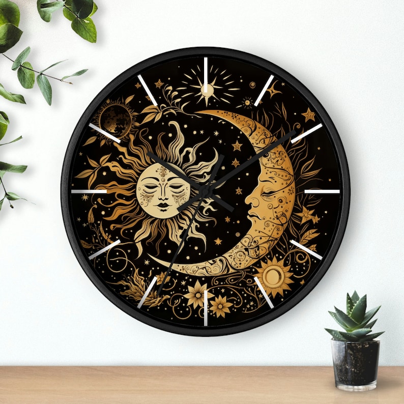 Wooden Wall Clock, Black & Wood Wall Clock, Celestial Design Clock ...