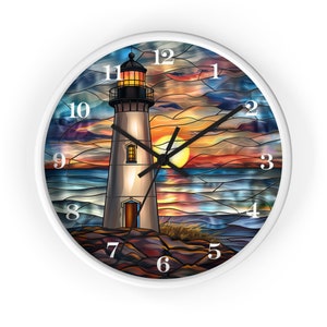 Lighthouse Wall Clocks, Faux Stained Glass Clocks, Ocean Stained Glass Wall Decor, Lighthouse ...