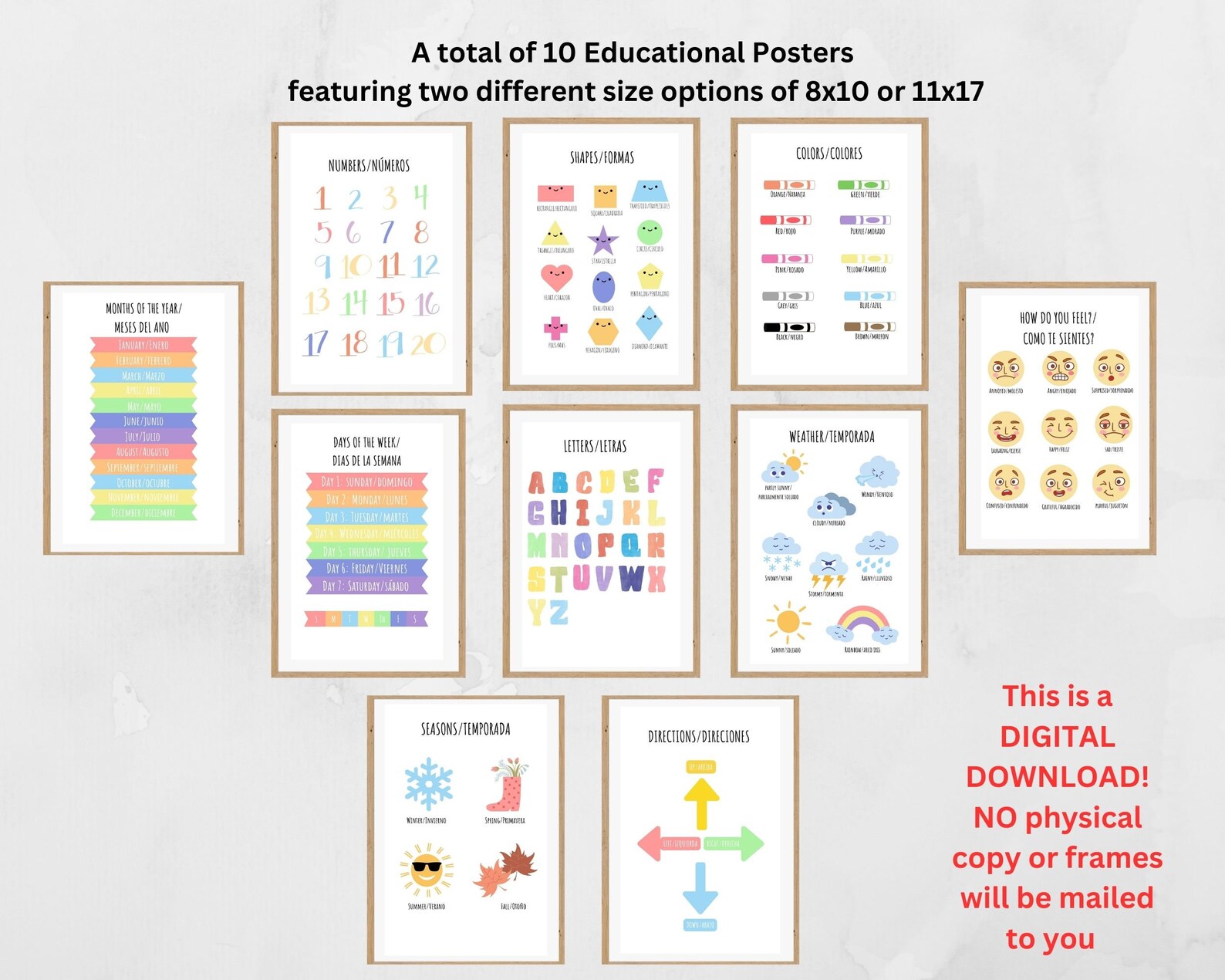 10 Bilingual Educational Posters for Kids in Spanish/english READY TO ...