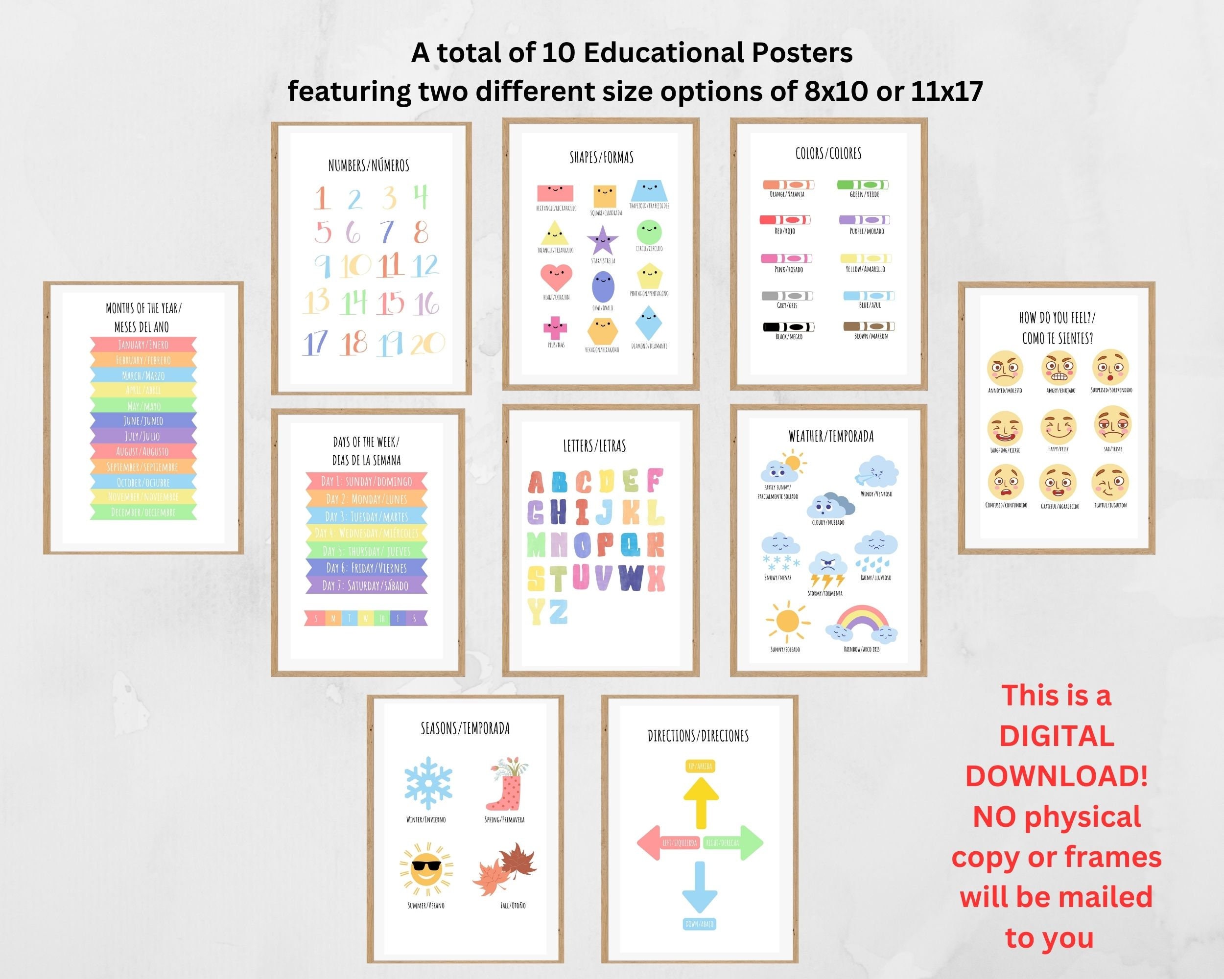 10 Bilingual Educational Posters for Kids in Spanish/english READY TO ...