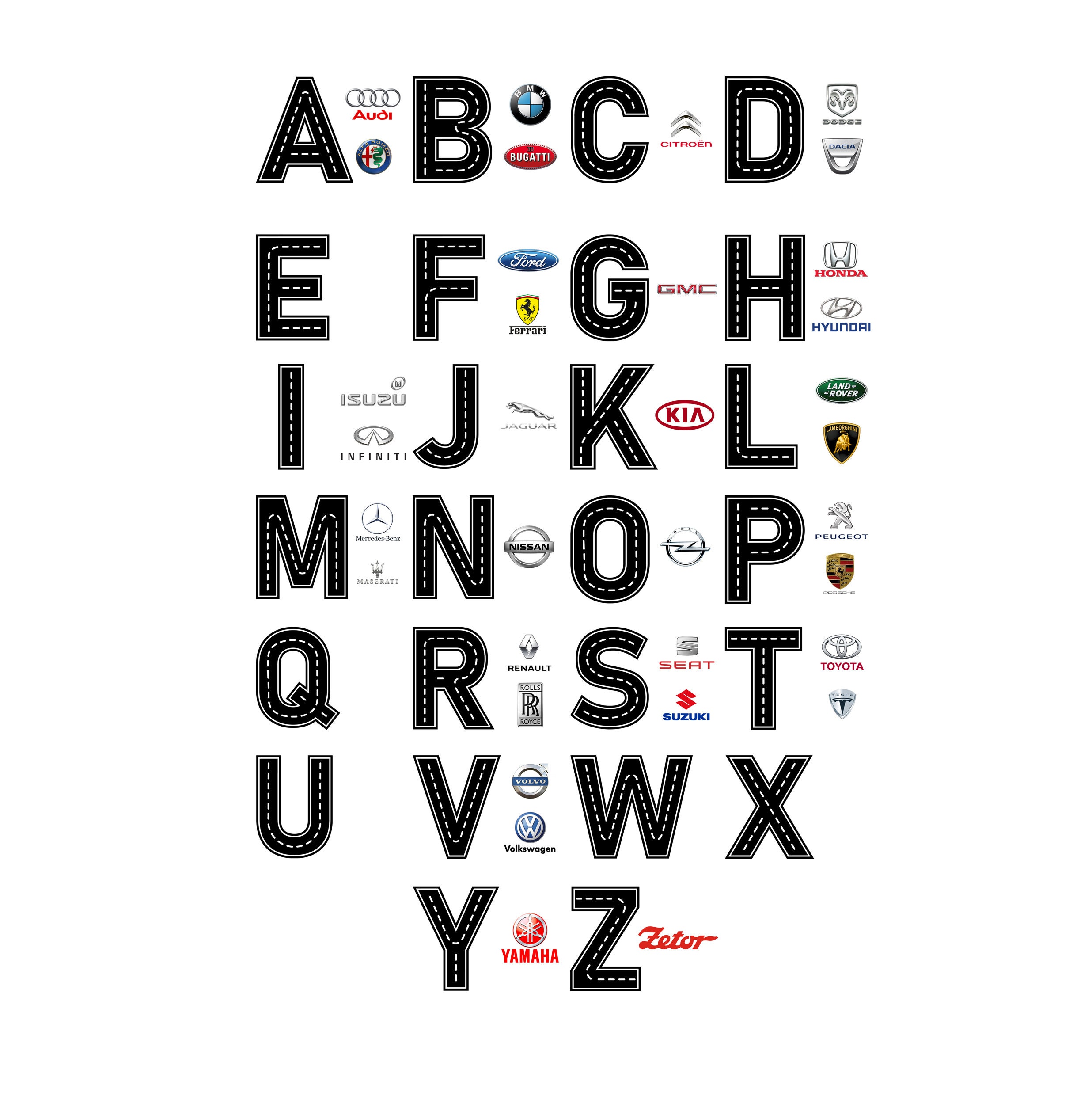 Printable Car Brand Poster, Alphabet Poster, Digital Download, Wall ...