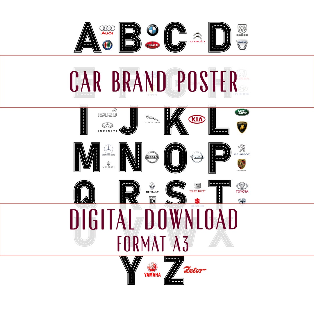 Printable Car Brand Poster, Alphabet Poster, Digital Download, Wall ...