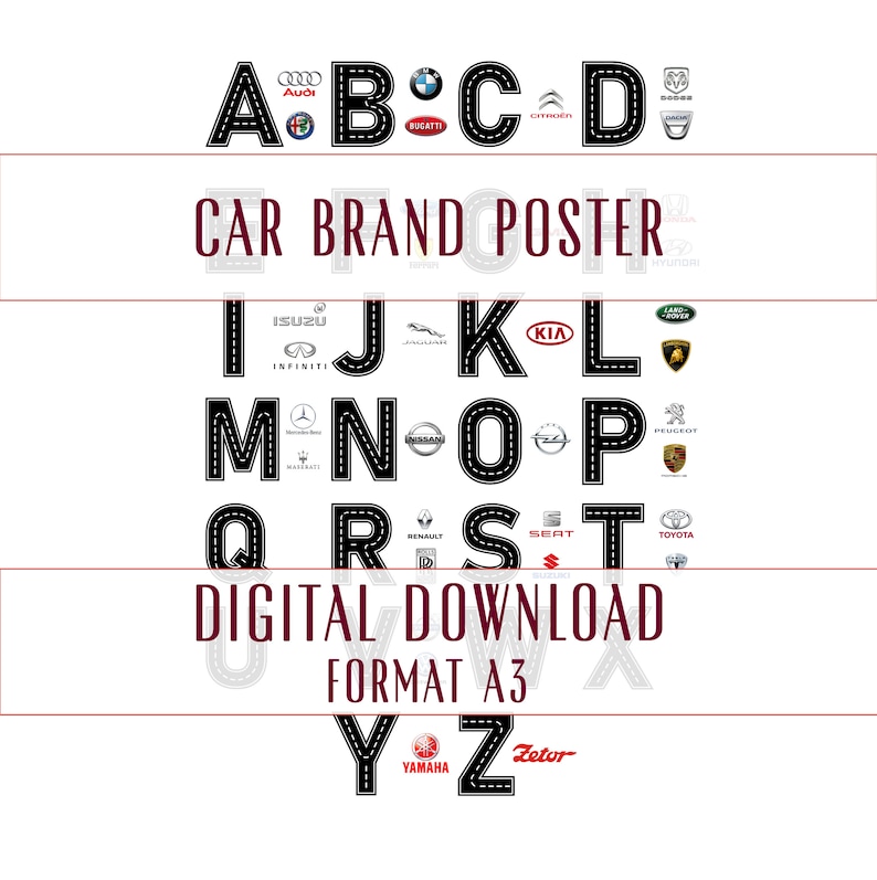 Printable Car Brand Poster, Alphabet Poster, Digital Download, Wall ...
