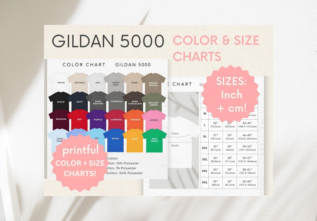 GILDAN 5000 Bundle Color+size Charts | Pod Ultimate Size Chart, Inches ...