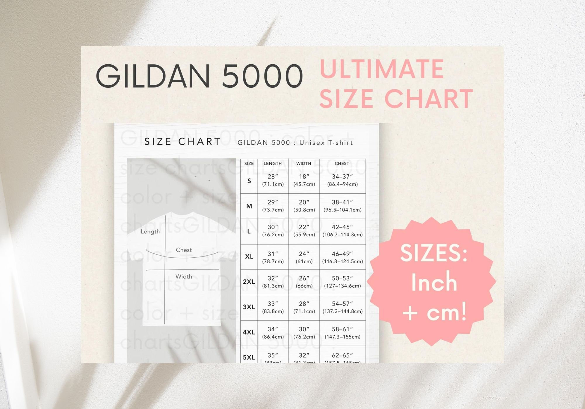 GILDAN 5000 Ultimate Size Chart | Size Guide in Inches, Cm | Length ...