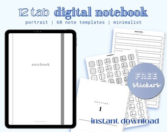12 Tab Digital Notebook, Hyperlinked PDF, Lined, Grid, Dotted, Blank ...