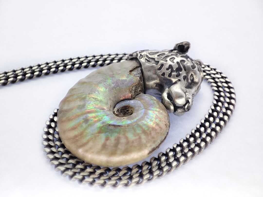 Jaguar and Ammonite Fossil Pendant Talisman Future Cyber Tech Solid 925 Sterling Silver Organic ...
