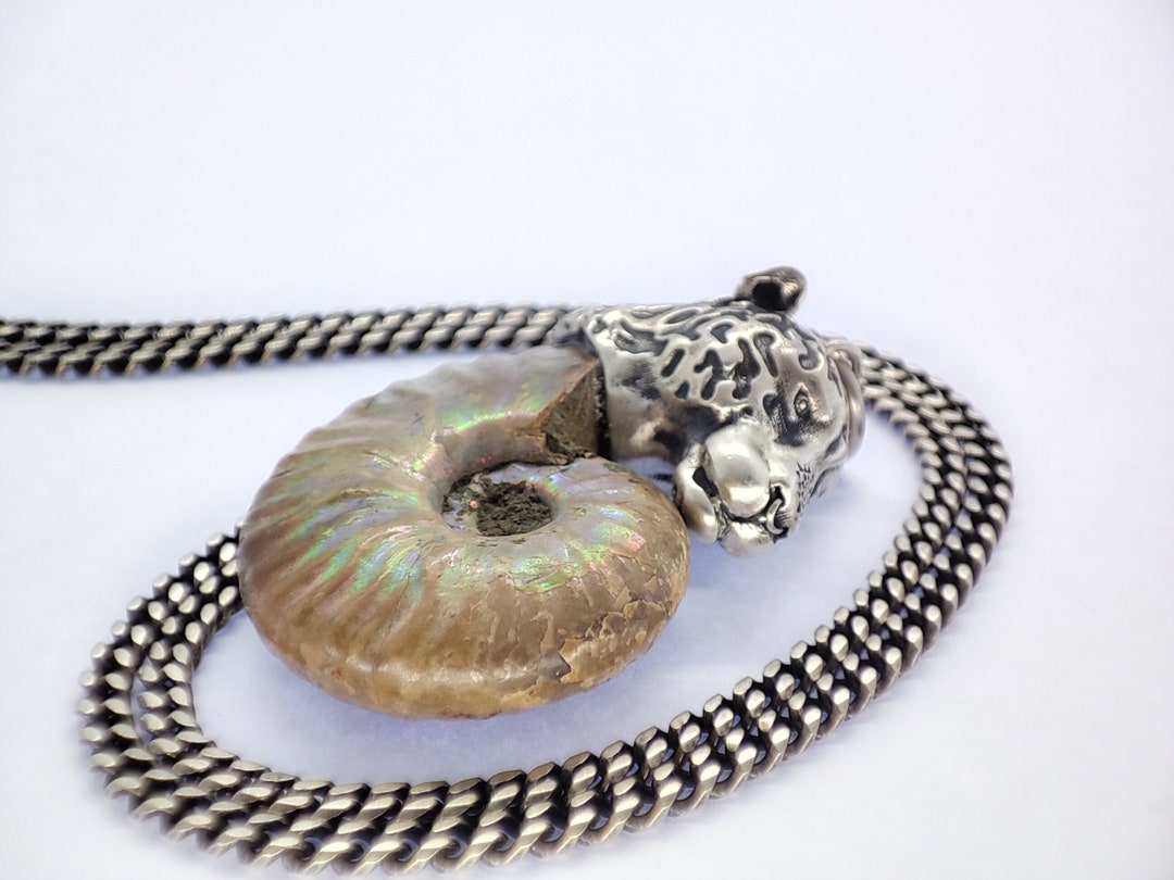 Jaguar and Ammonite Fossil Pendant Talisman Future Cyber Tech Solid 925 Sterling Silver Organic ...