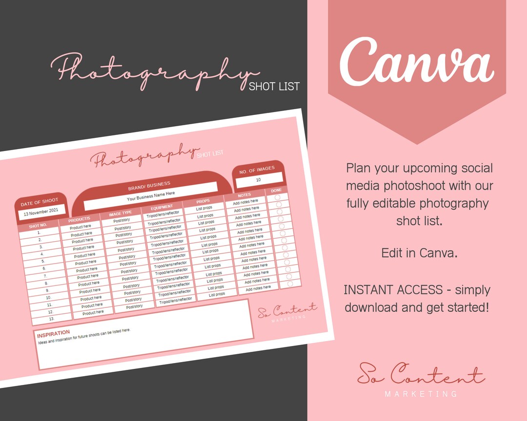 FULLY EDITABLE Canva Template - Photography Shot List for Social Media ...