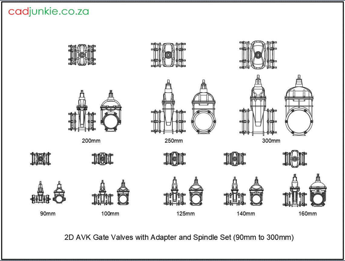 Autocad Blocks | AVK Gate Valves With Adapter and Spindle Set 90mm to ...