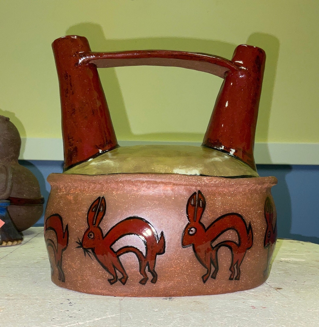 Ceramic Art, 2 Spout Jug With 8 Rabbits, Stirrup Bottle, Handmade ...