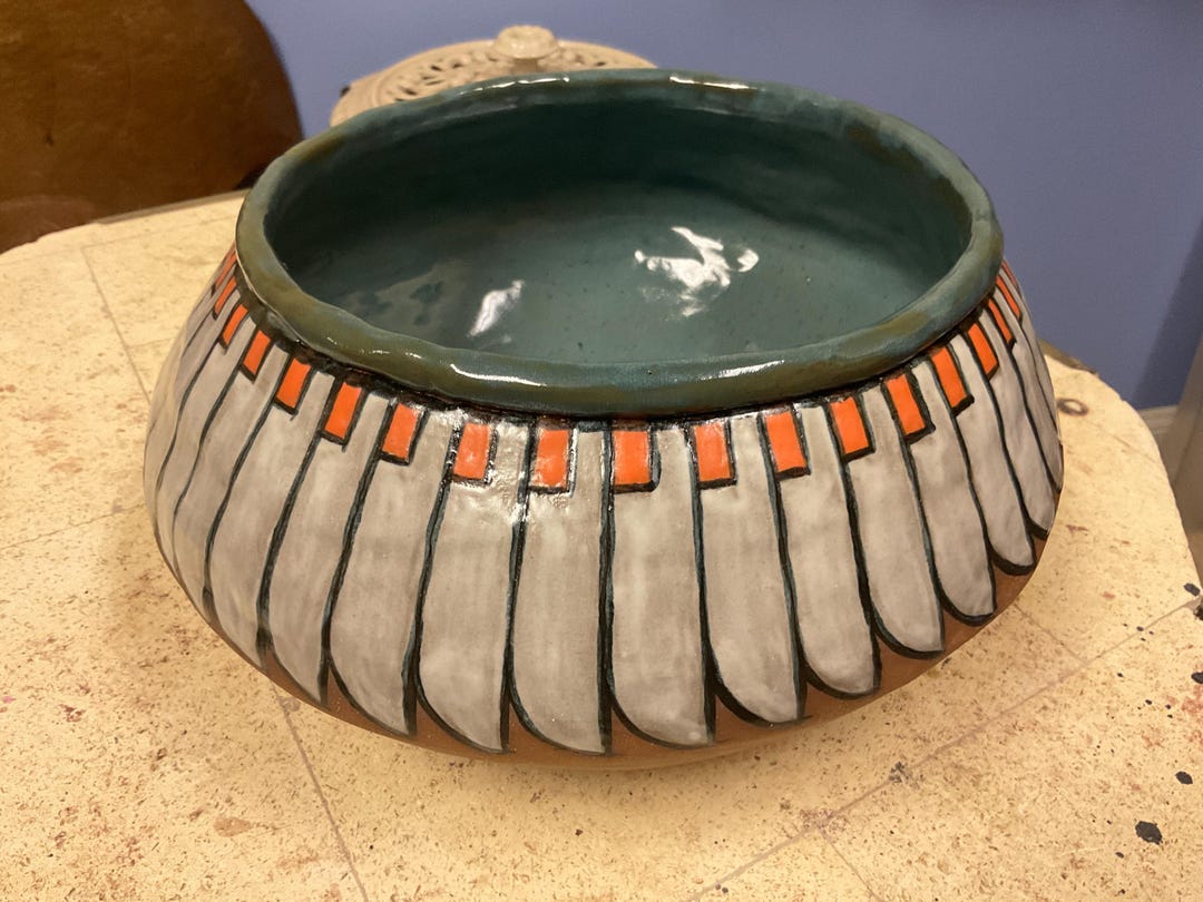 Ceramic Art, Feather Motif, Large Wishing Bowl, Twice Fired Stoneware ...