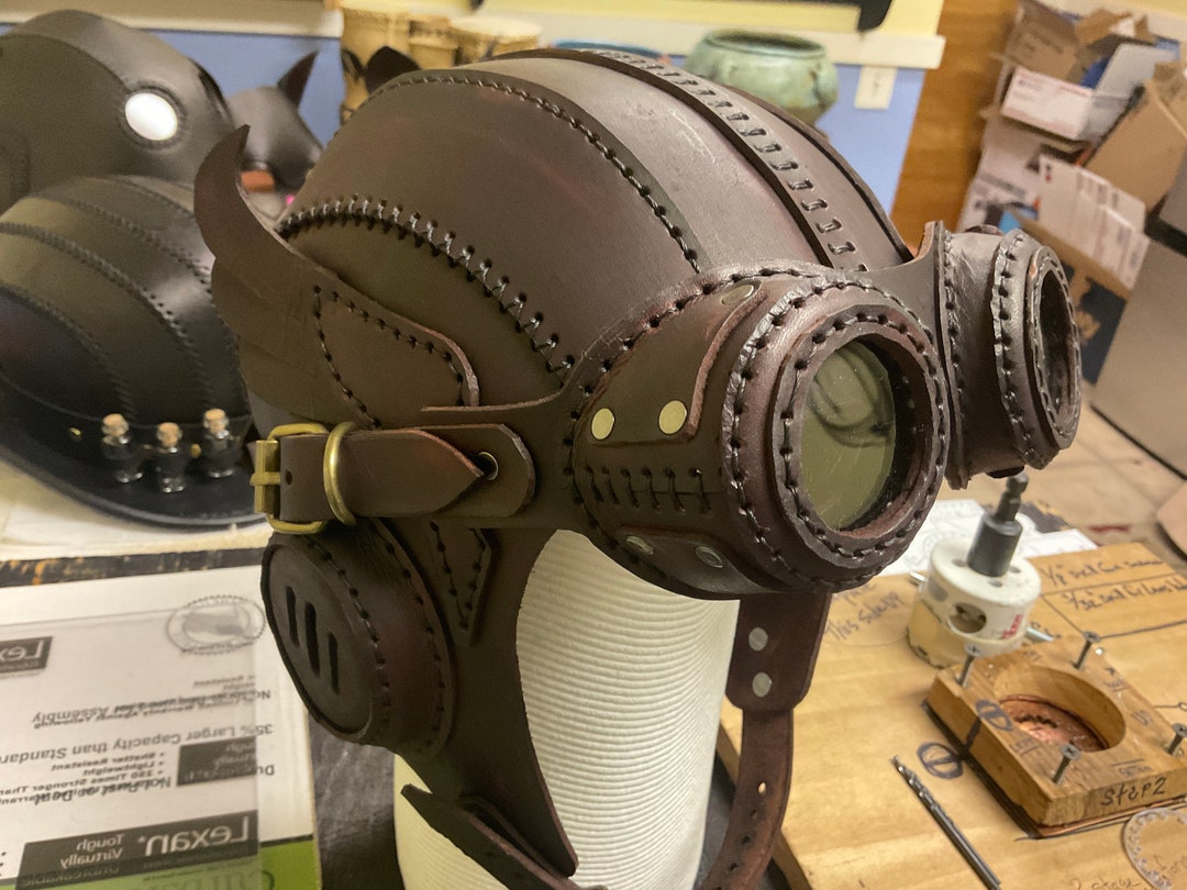 Leather Steampunk Aviator Helmet With Wings and Goggles, Hand Made by ...