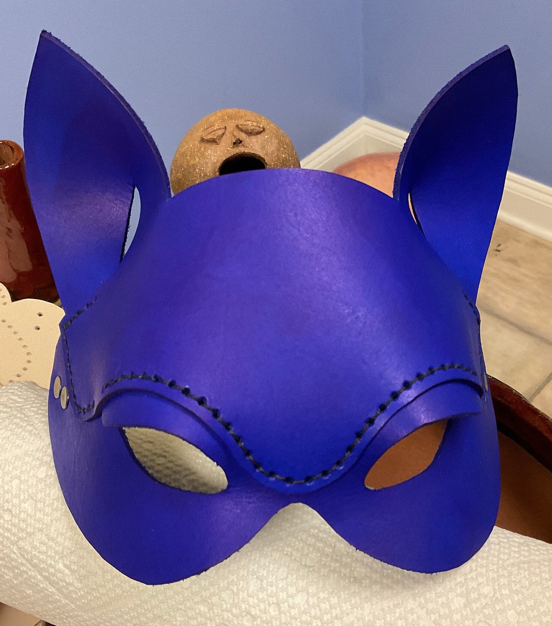 Leather Pussycat Cat Mask, Blue, Hand Stitched, Fully Adjustable, Adult ...