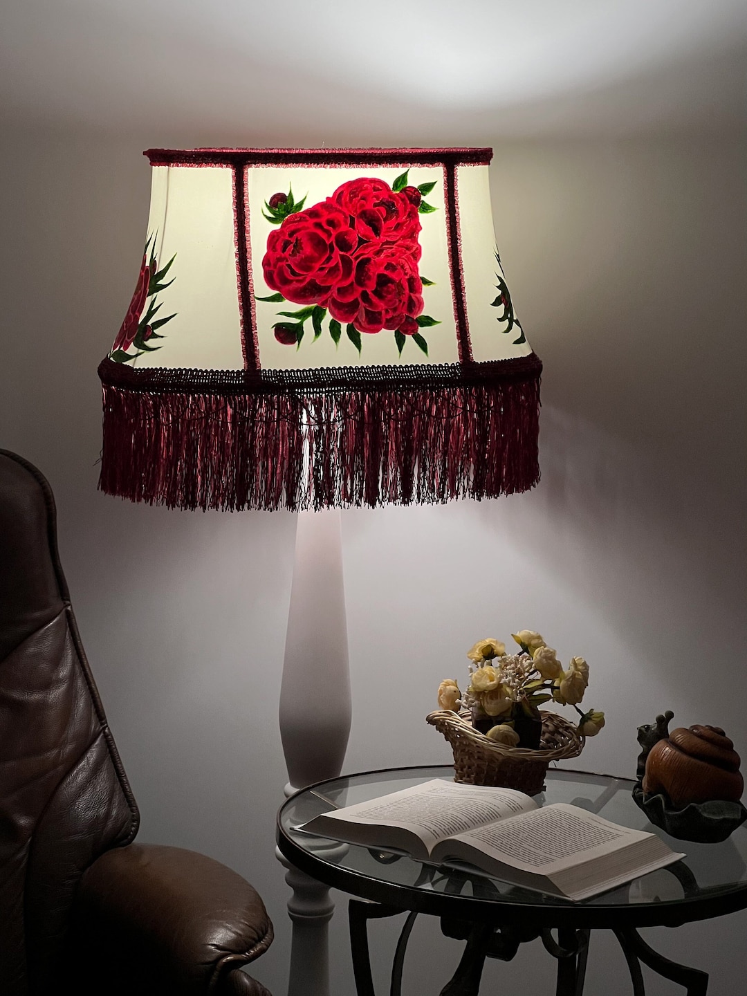 Red Floral Fringed Lampshade for Romantic Lighting Handmade Fabric ...