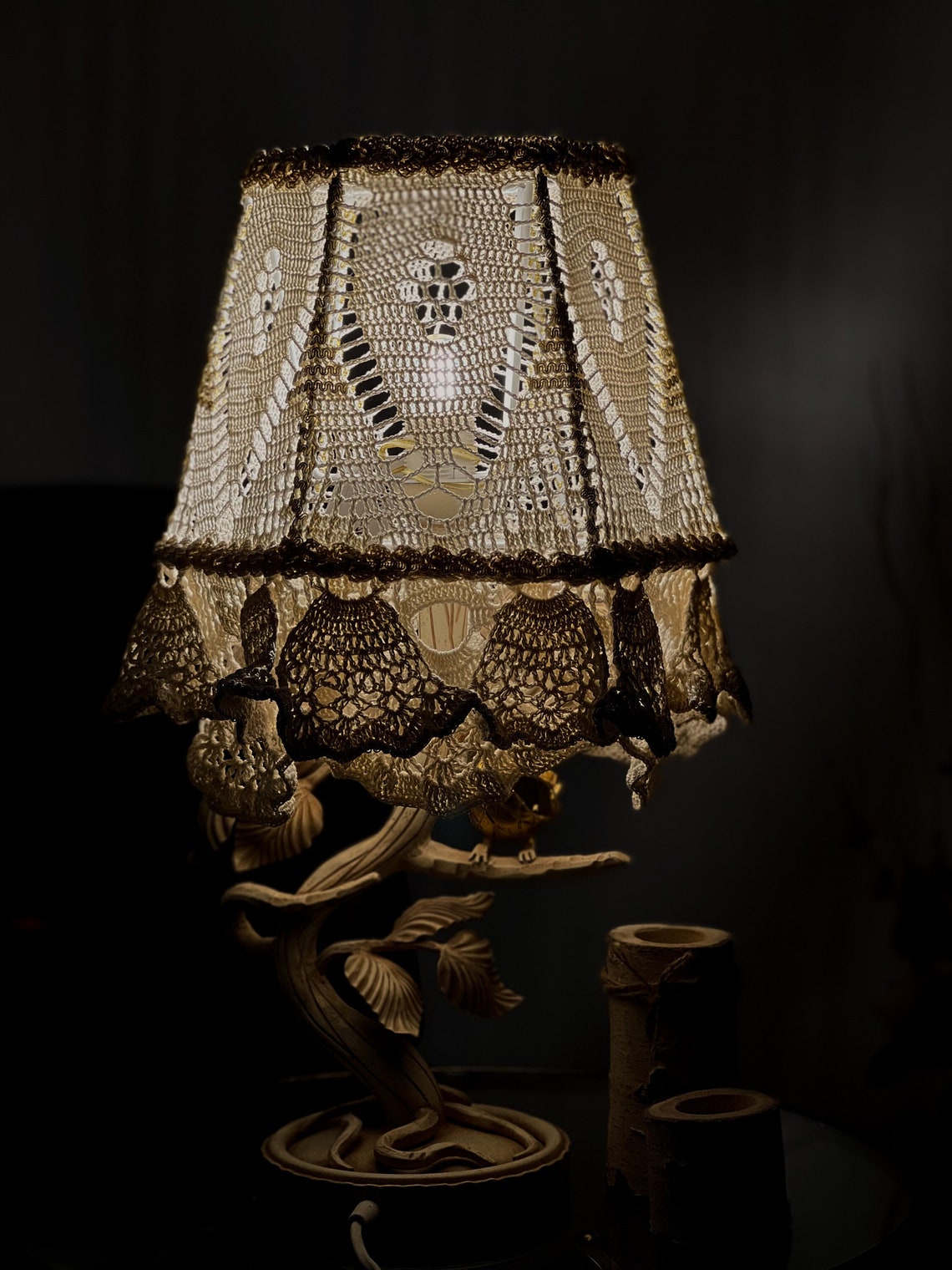 Victorian Crochet Fairy Table Lamp With Fringe and Artistic Forged Base ...