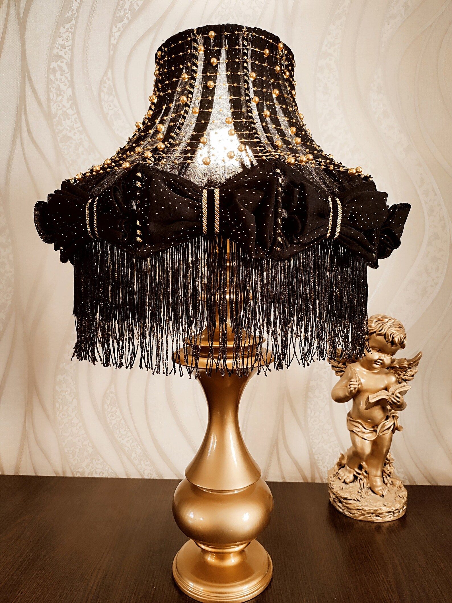 Table Lamp Vintage Lamp With Fringe Classic Decor Table Light Black ...