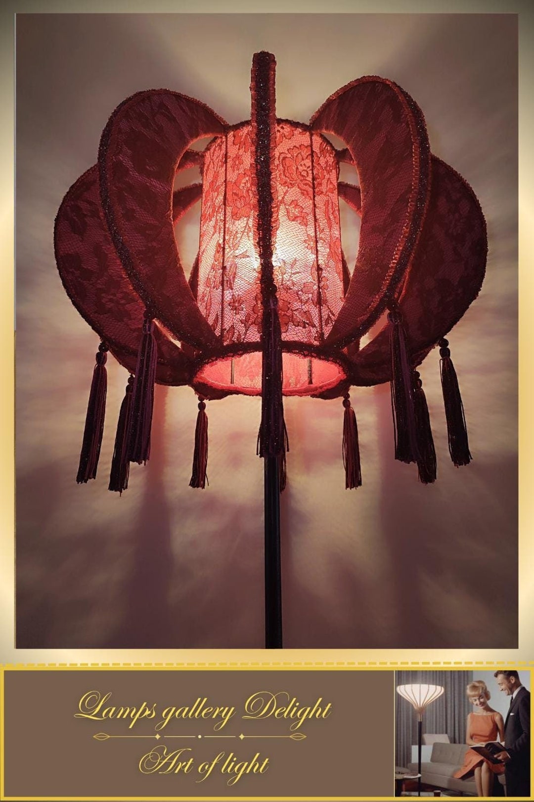 Floor Lamp, Art Deco Floor Lamp, Burgundy Floor Lamp, Vintage Floor ...