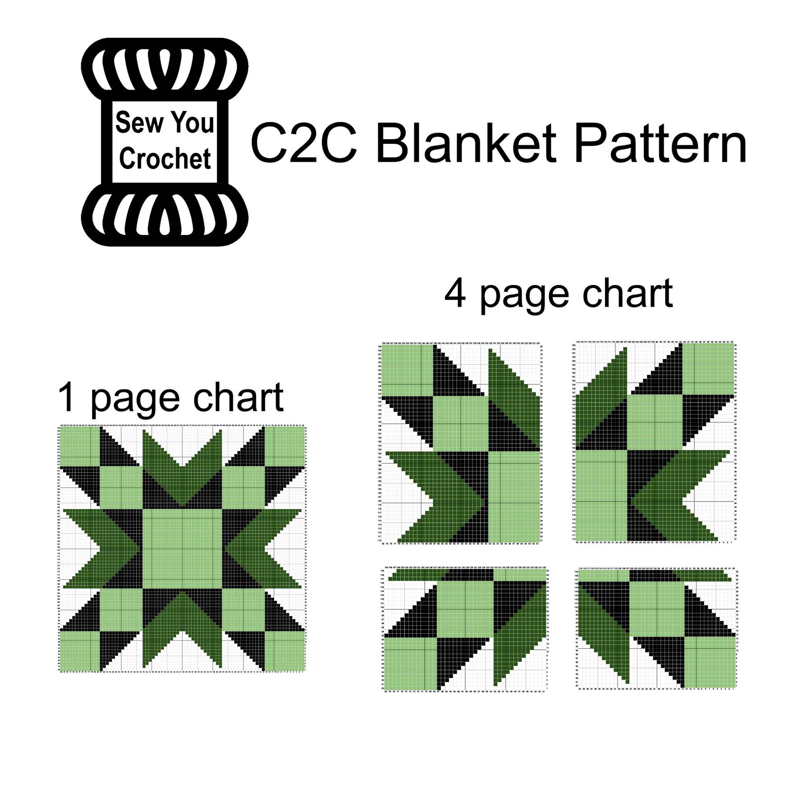 Crochet Double Star Block Green C2C Blanket Pattern Pdfs Corner to ...