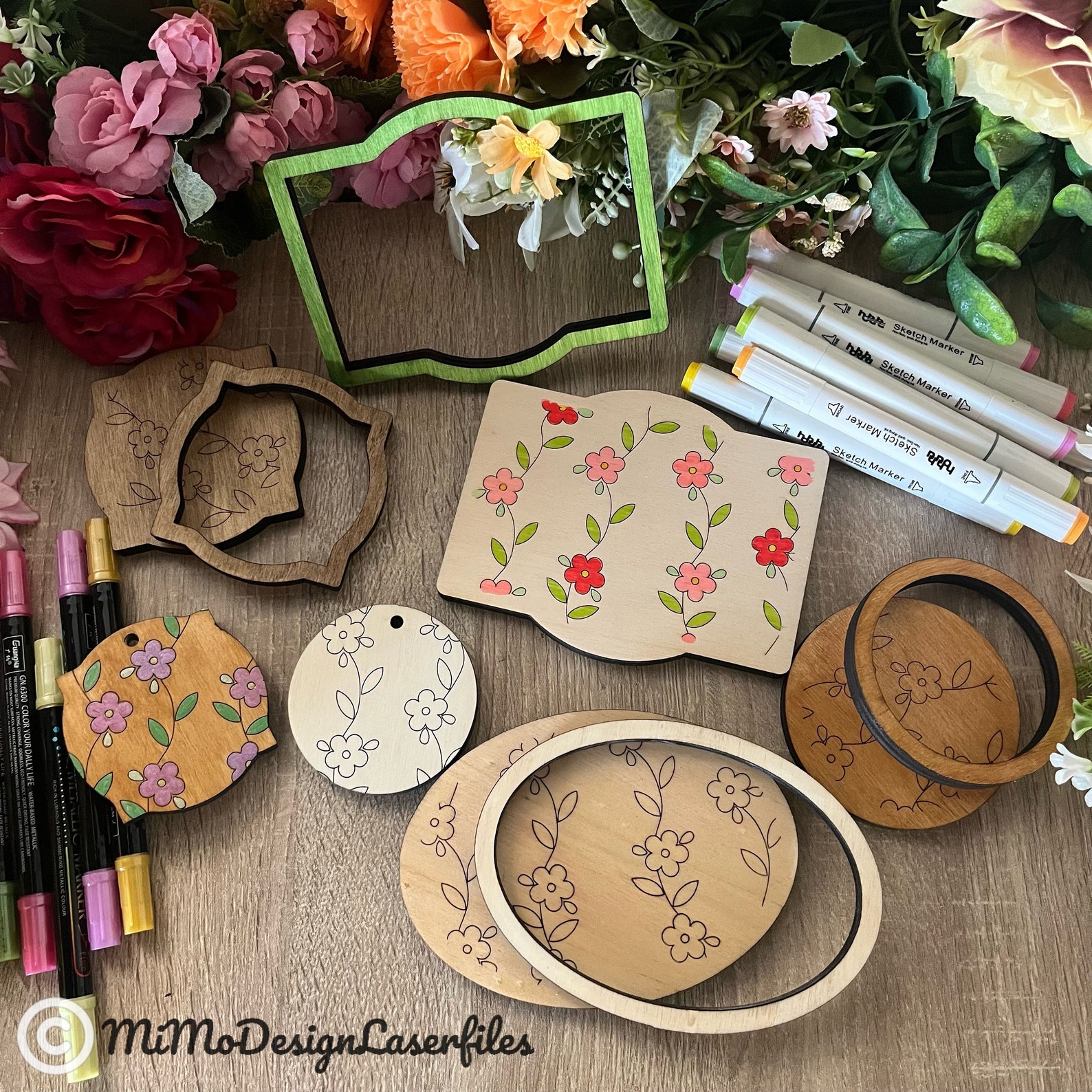 4 Trinket Trays Incl. Tags With Scored and Single Line Floral Design ...